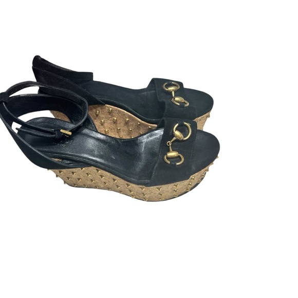Gucci | Shoes | Gucci Studded Suede Cork Horsebit Wedge Sandals Sz 375 ...